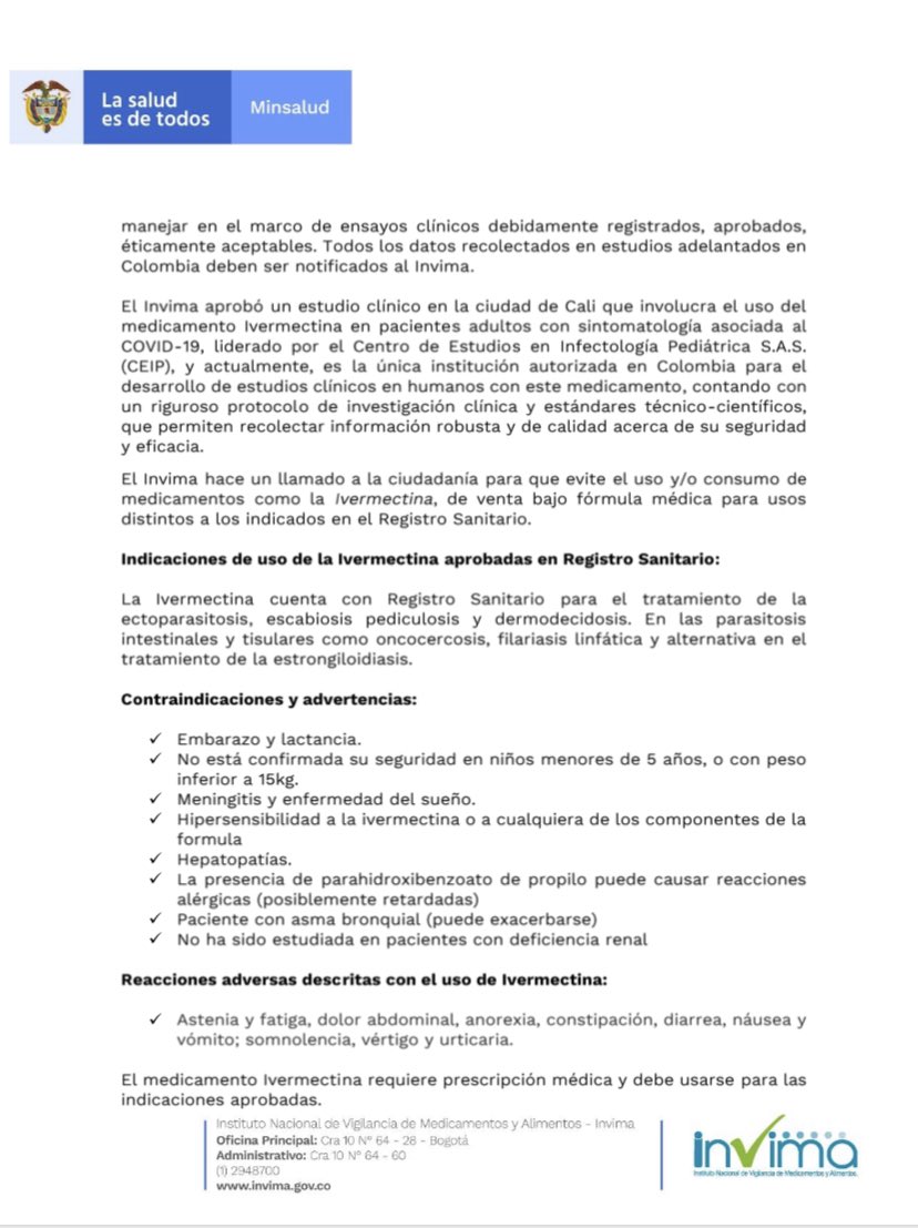Invima advierte riesgos por uso de Ivermectina contra el covid