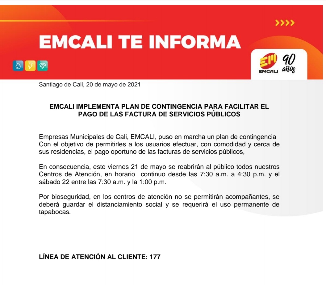 Emcali reabrirá sus oficinas para pago de facturas de servicios públicos